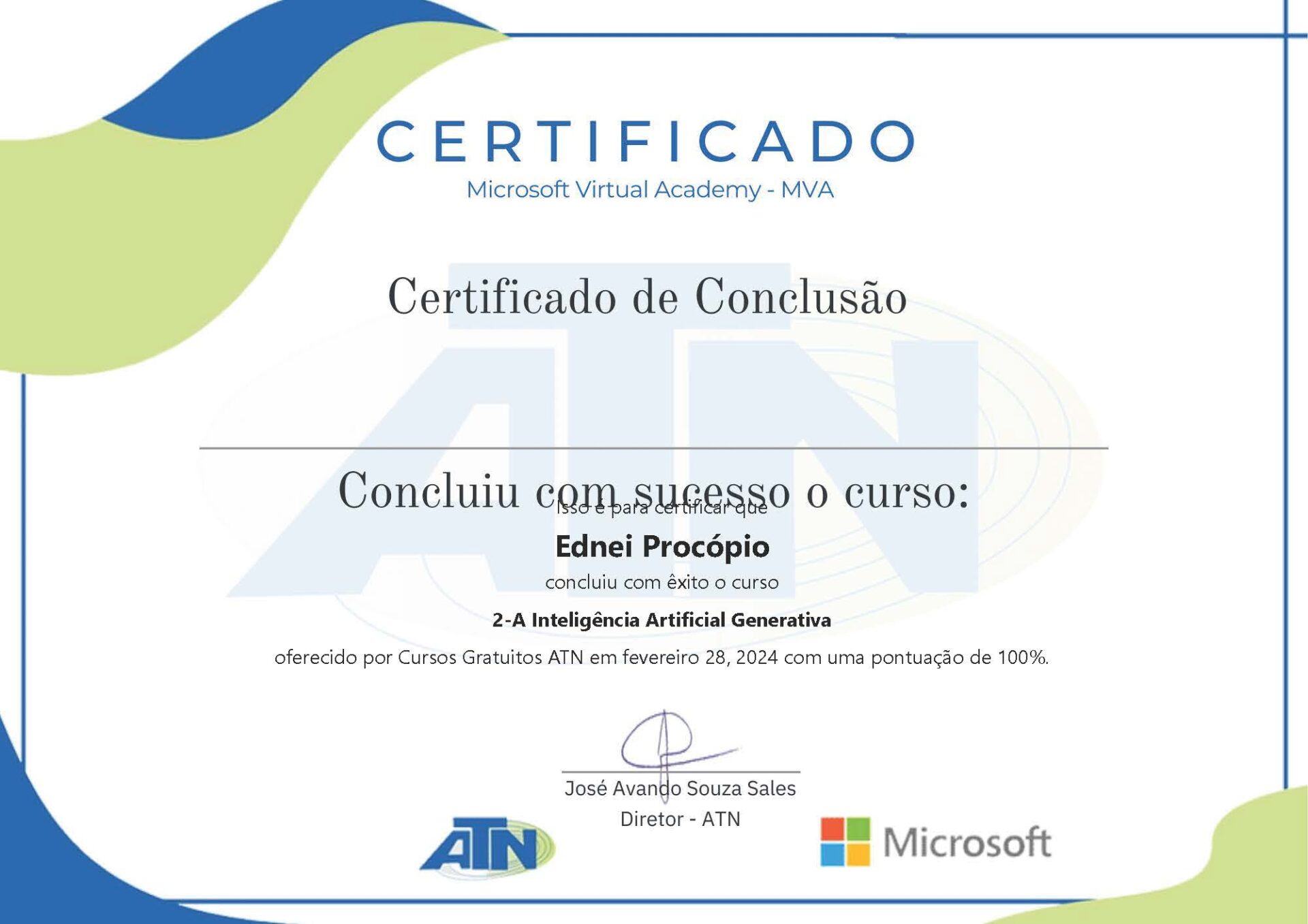 Certificado Curso | Inteligência Artificial Generativa - Ednei Procópio